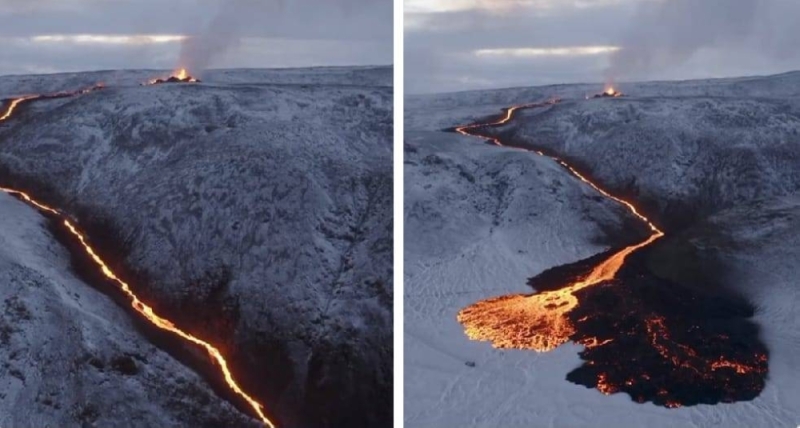 بالفيديو: منظر غريب لـ تدفق الحمم البركانية وسط الثلوج في أيسلندا – مـزمـز