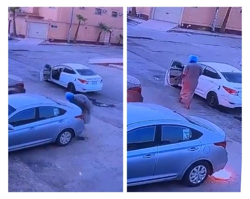 شاهد شخص مجهول يغطي رأسه بطريقة غريبة ويشعل النيران في عدد من المركبات