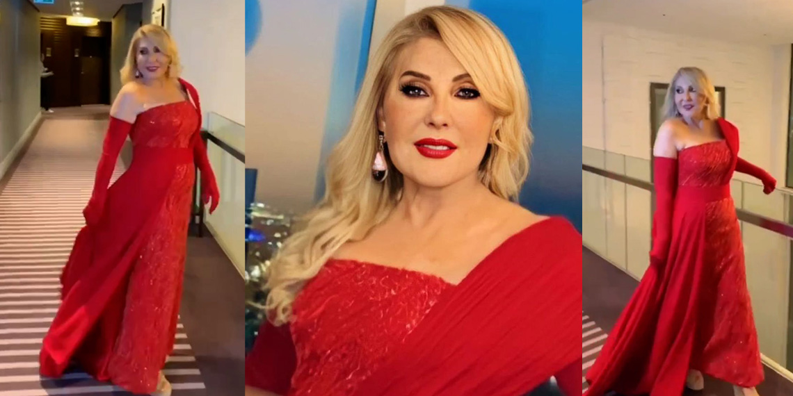شاهد نادية الجندي تستعرض إطلالتها الحمراء على أنغام عمرو دياب في السعودية